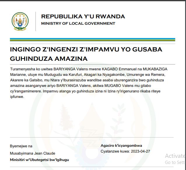 Itangazo: BARIYANGA Valens yasabye guhindura amazina akitwa MUGABO ...