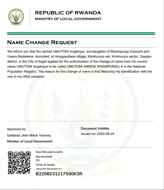 Itangazo: UMUTONI Angelique yasabye guhindura amazina akitwa UMUTONI ...