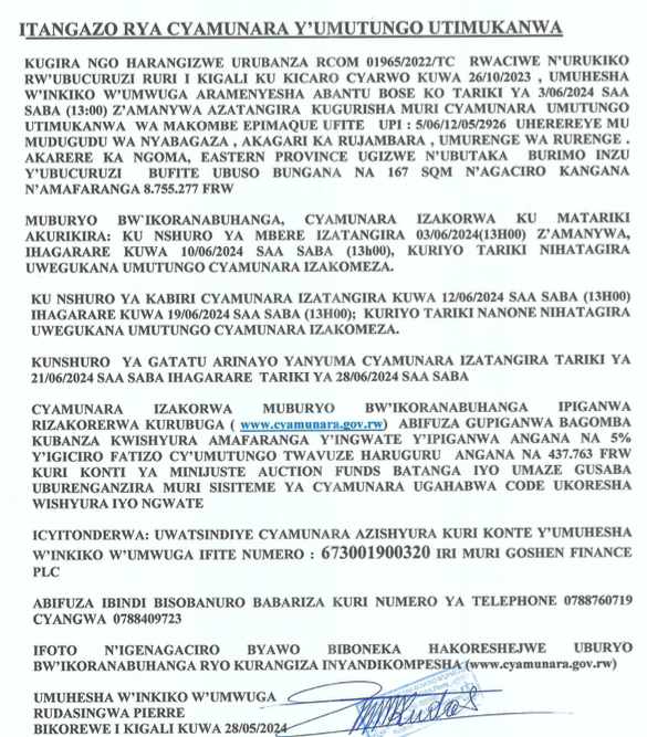 Itangazo rya cyamunara y’Umutungo utimukanwa ugizwe n’ubutaka burimo n ...